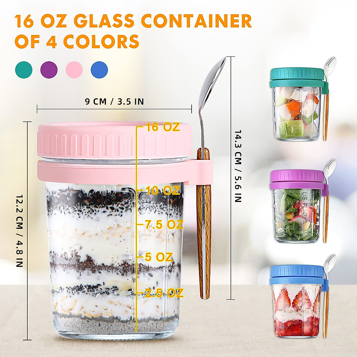 Overnight Oats Containers with Lids and Spoon, 4 Pack Mason Jars for Overnight Oats, 16 Oz Overnight Oats Jars Glass Oatmeal Container to Go for Chia Pudding Yogurt Salad Cereal Meal Prep Jars (Blue