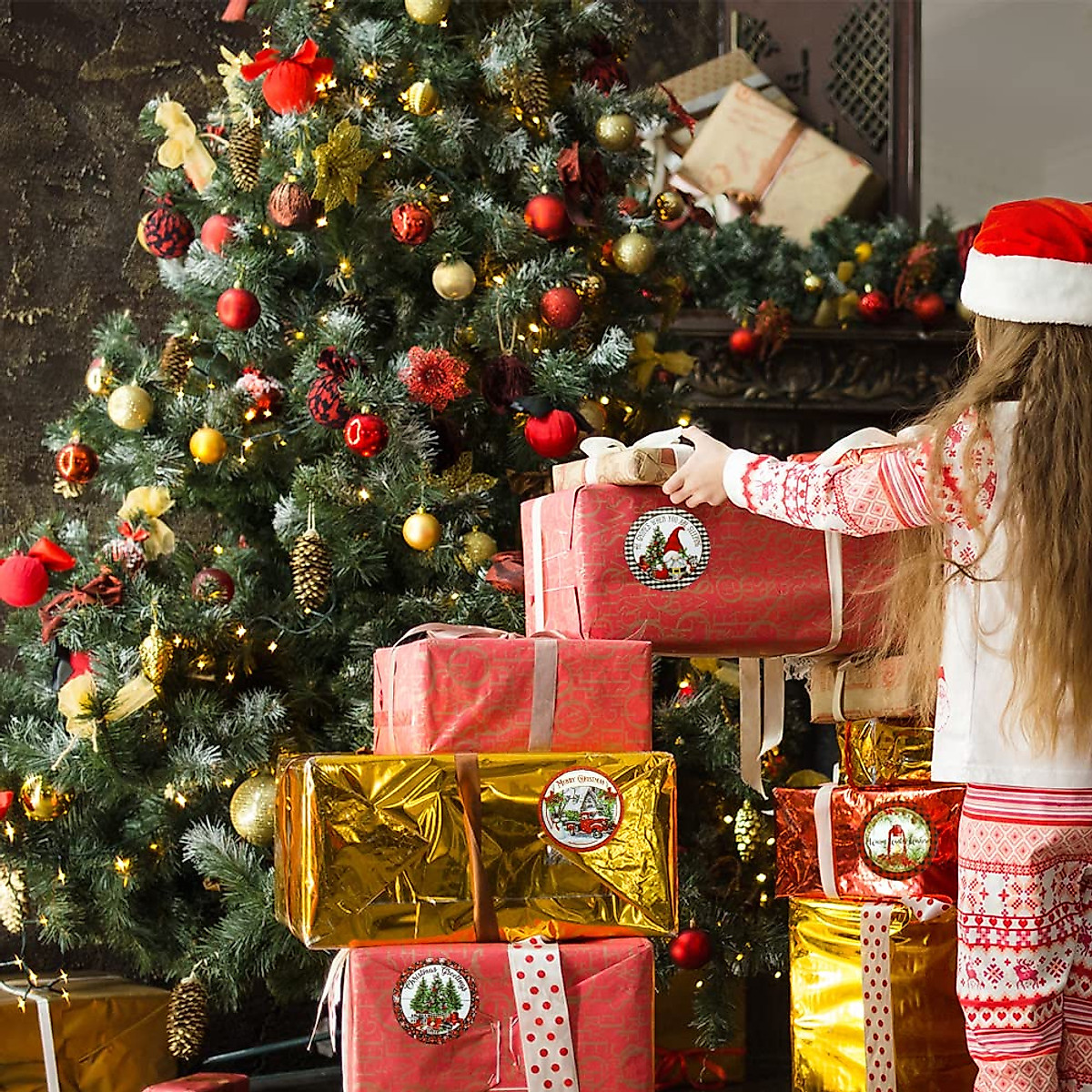 1.5" Merry Christmas Stickers Labels Roll 6 Designs Buffalo Plaid Sticker Labels Christmas Greeting Tree Gnome Xmas Decorative Envelope Seals Label Stickers for Cards Boxes,500 Labels Per Roll