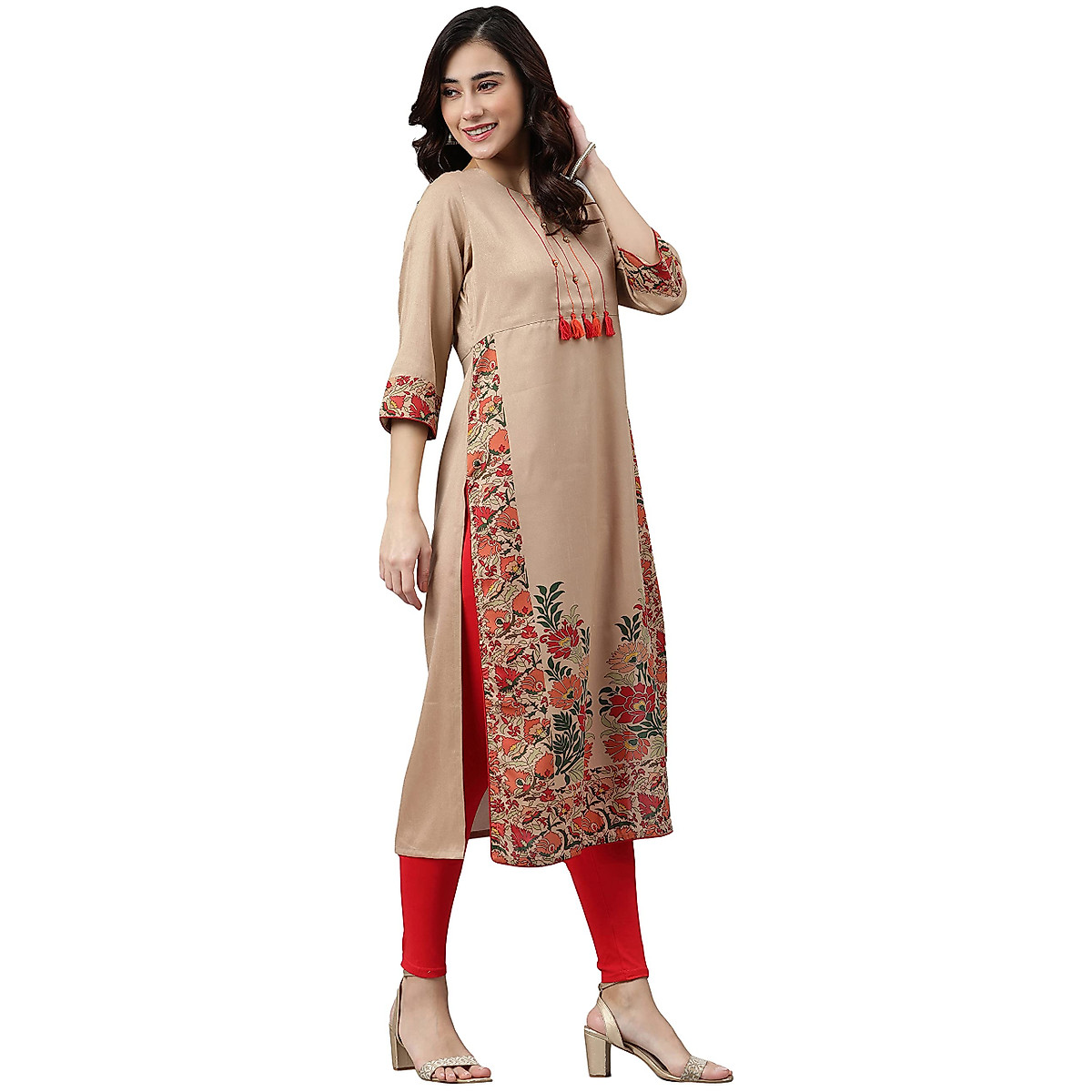 Janasya Indian Women's Tunic Tops Poly Silk Kurti for Women(JNE2305-KR-533-M) Brown