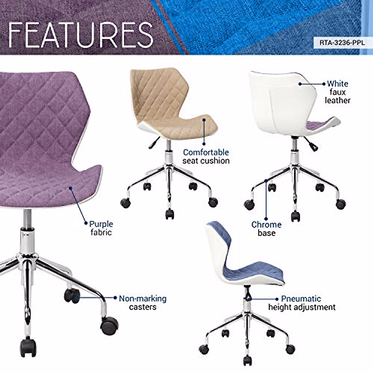 Techni Mobili Modern Height Adjustable Office Task Chair, Purple