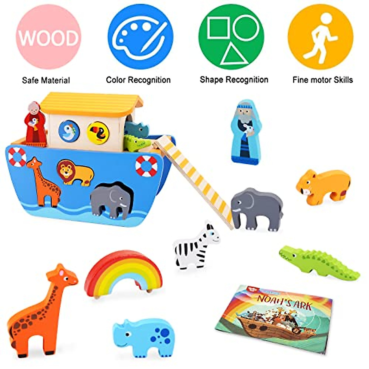 KMTJT Toddlers Wooden Noah's Ark Toy Animal Playset, Baptism Gifts for 1 2 3 Boys Girls, Shape Sorter Early Learning Montessori Toys with Bible Story Book for 12 18 24 Months Babies