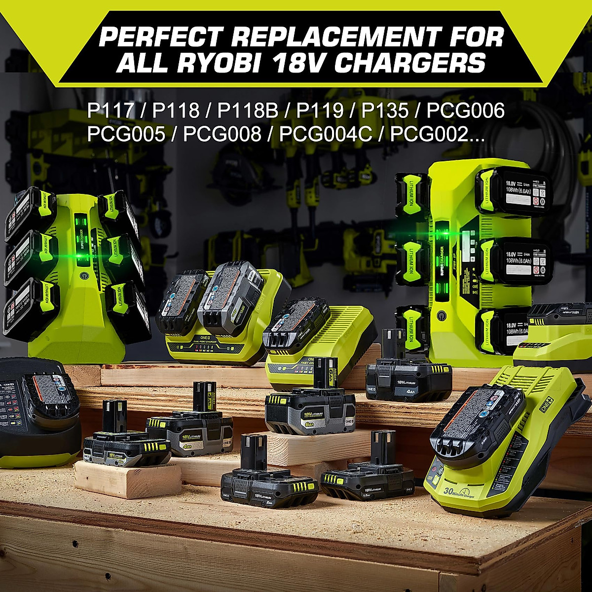 Supowill P135 18V 6-Port Charger for Ryobi 18V Charger,Compatible with Ryobi 18V ONE+ Battery P102 P103 P104 P105 P106 P107 P108 P109 PBP002 PBP003,for Ryobi 18V Battery Charger
