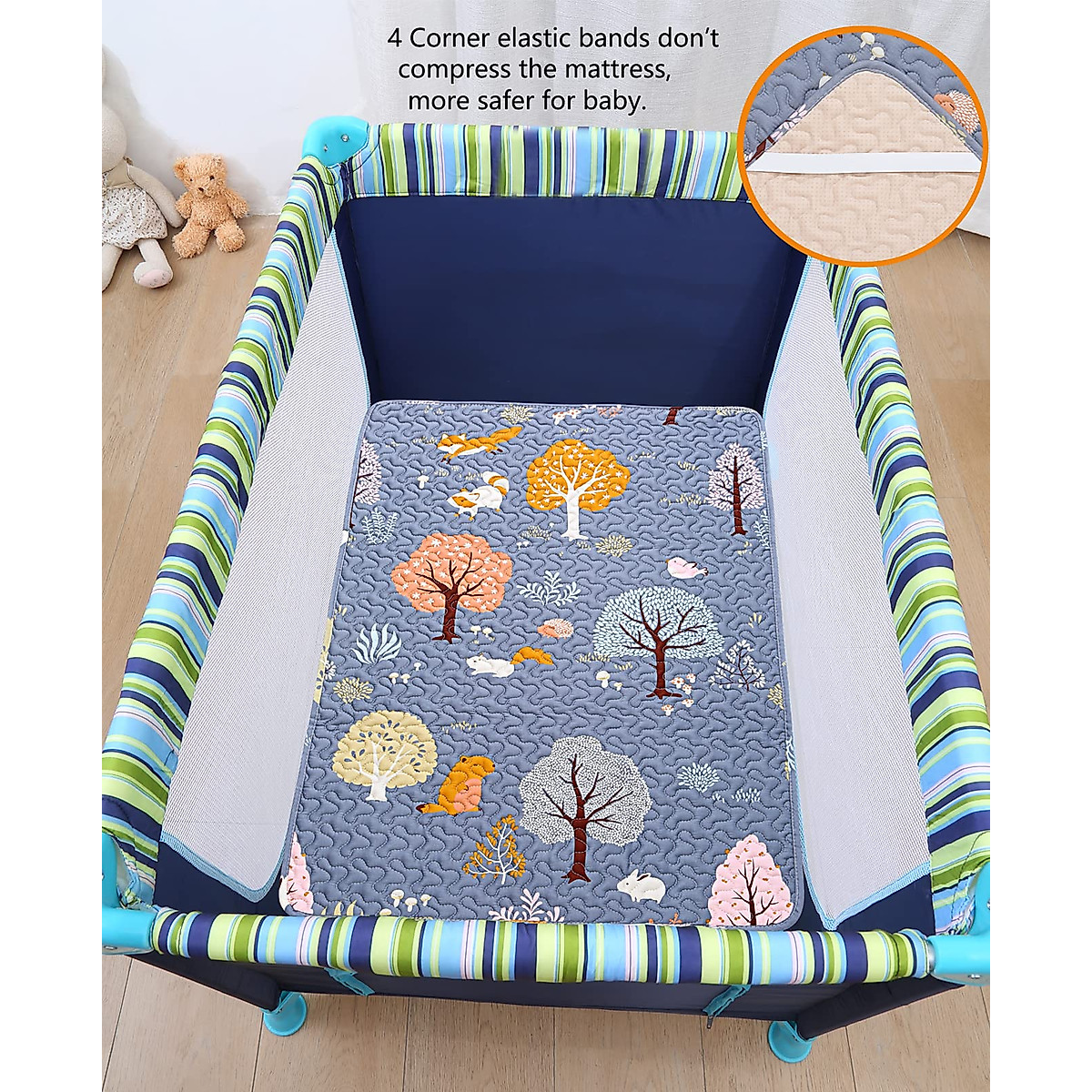 Padded Pack n Play Sheets Breathable Thick Pack and Play Mattress Protector, Quilted 38x26” Playard Sheet Fitted for Graco, Portable Mini Cribs and Foldable Mattress Pad, Soft Playpen Mattresses Cover