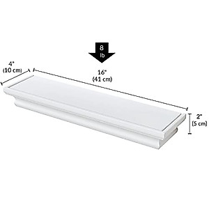 Ballucci Set of 2 Classic Floating Wall Shelves, Wooden Wall Mounted Ledges for Living Room, Bedroom, Bathroom, Kitchen, Office; 16 Inches - White