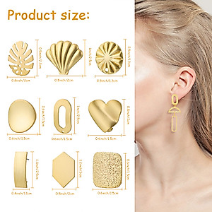 Hicarer 90 Pcs Gold Plated Earring Posts for Jewelry Making Earring Studs with Loop Hole Palm-Leaf Shaped Earring Finding Shell Heart Flower Track Ear Pad Base Posts for Women
