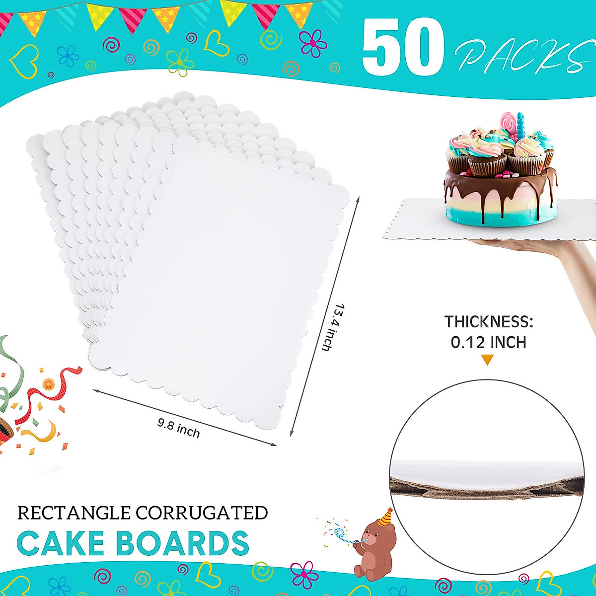 50 Pcs Rectangle Cake Board Disposable Cardboard Cake Bases Grease Proof Cake Plate Scalloped Edge Corrugated White Cakeboards Dessert and Pastry Food Tray for Pizza Party Decorate,13.4 x 9.8 Inches