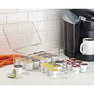 mDesign Plastic Stackable Divided Storage Organizer with Lid for Tea Bags and Coffee Pods in Kitchen Cabinet, Countertop, Ligne Collection, Includes 1 Tea Organizer and 1 Coffee Pod Organizer, Clear
