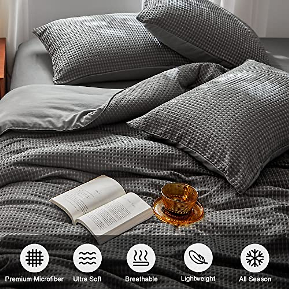 WARMDERN Grey Comforter Set King Size Waffle Weave Lightweight Bedding Comforter Sets Soft Microfiber Down Alternative Comforter 7 Pieces Bed in A Bag All Season(Gray, King)