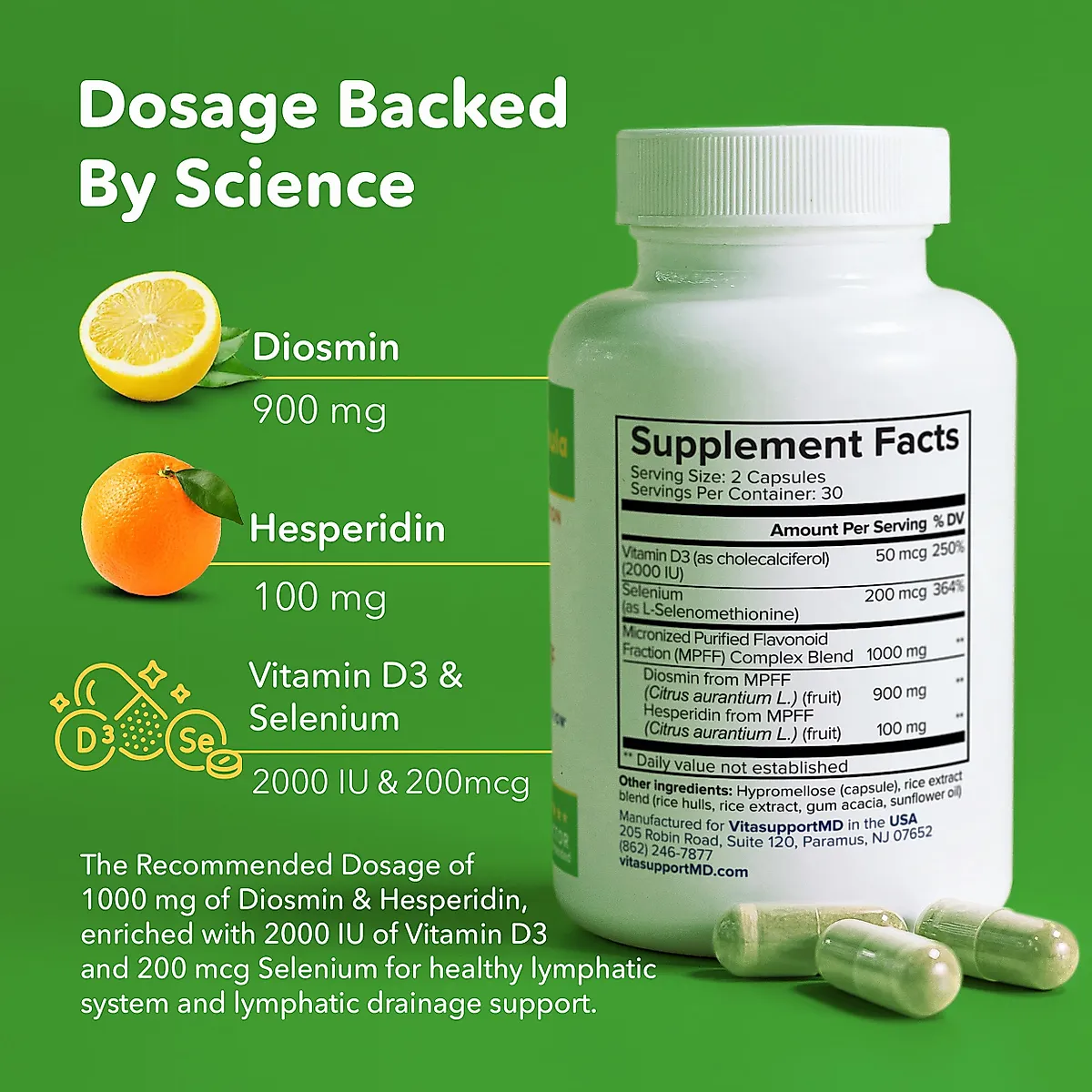 VITASUPPORTMD Lymphatic Formula, Diosmin Hesperidin 1000 mg, MPFF Lymphatic Support, Lymph System Support, Vitamin D3 and Selenium Supplement, 60 Capsules