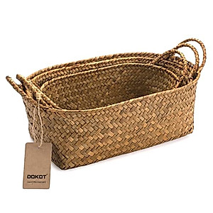 DOKOT Woven Baskets For Storage, Rattan Baskets With Handles For Kitchen, Wicker Baskets For Storage Organizer, Small Baskets for Fruits , Seagrass Baskets Set of 3