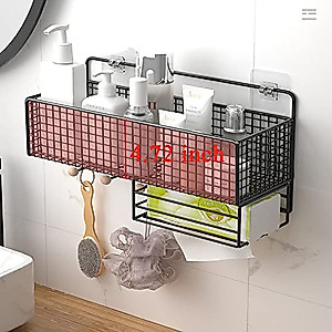 Shower Caddy Shelf with Hooks and Paper Rack Punch-free Bathroom Storage Rack Organizer No Drilling Wall Mounted Stainless Steel Shower Basket Storage Shelf (Golden)
