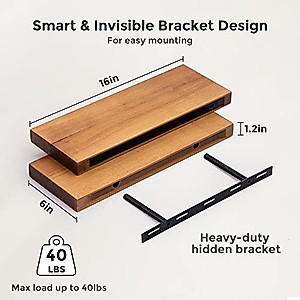 Fun Memories Floating Shelves 16 Inch Long Wall Mounted, Rustic Farmhouse Wooden Wall Shelf Set of 2, Solid Acacia Wood Floating Shelf for Bathroom, Kitchen, Living Room