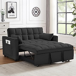 Lin-Utrend 55''Convertible Sleeper Sofa Couch with Adjustable Backrest, Modern Velvet 2 Seater Sofa with Pull-Out Bed with 2 Pillows, Small Love Seat Lounge Sofa Bed for Small Space (Black)