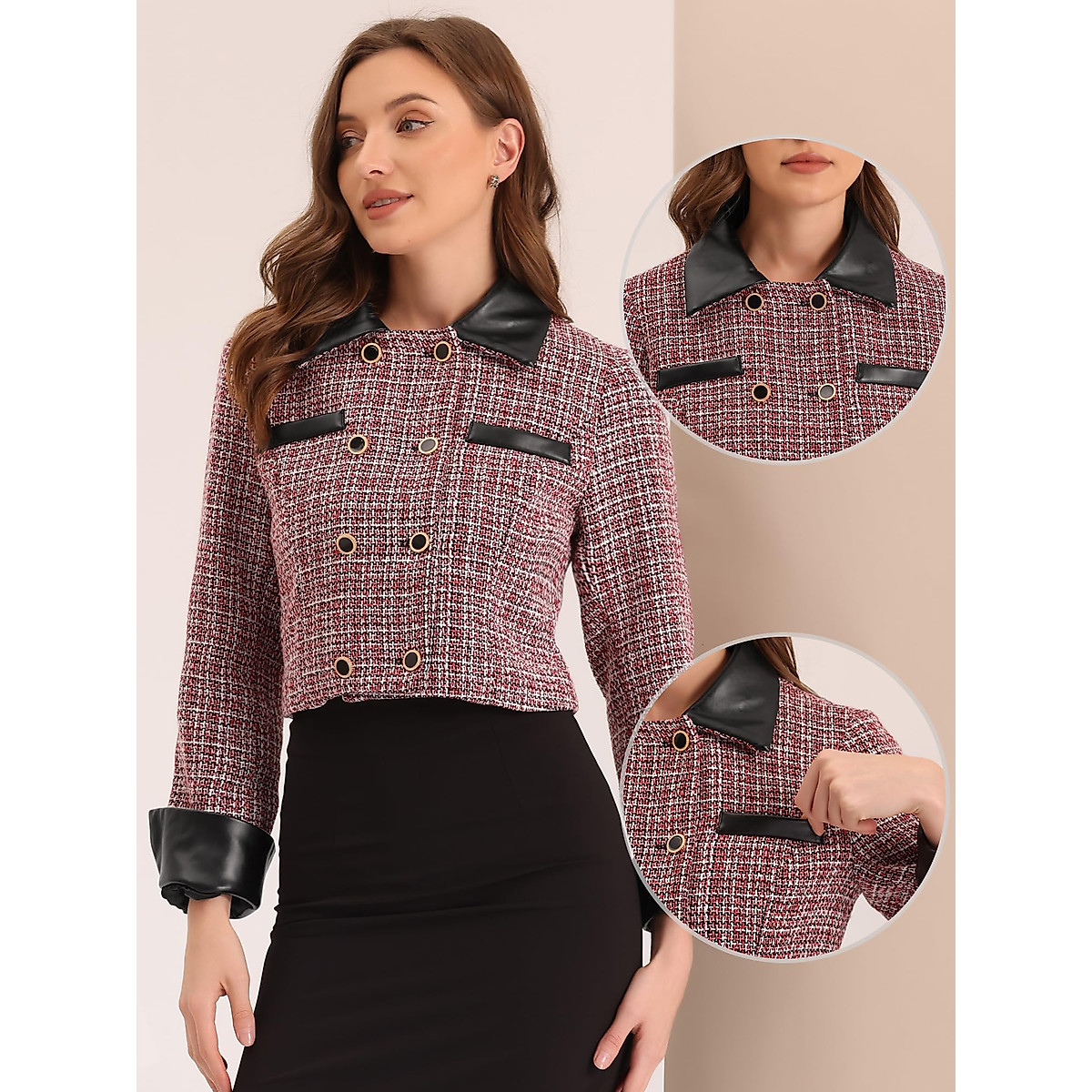 Allegra K Tweed Plaid Blazer for Women's Contrast Collar Double Breasted Vintage Cropped Jackets X-Large Red