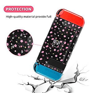 RHOTALL Cute Case Compatible with Nintendo Switch, Kawaii Accessories for Switch, Glitter Crystal Clear Cover for Switch and Joy Con Controller with 2 Glitter Thumb Grips - Cherry Blossoms