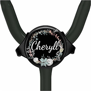 Personalized Stethoscope Name Tag - Flower Wreath Adjustable ID Label - You Choose Custom Fonts, Design Size and Decorative Frame - Floral Nurse, Doctor Gift