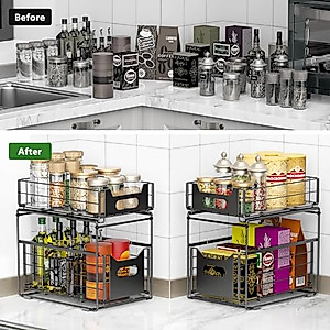 PIGTAB Metal Under Sink Organizer, 2 Sets of 2-Tier Multi-Purpose Bathroom Organizers and Storage, Pull Out Kitchen Organizers and Storage, Cabinet Organizer for Kitchen, Bathroom, Black
