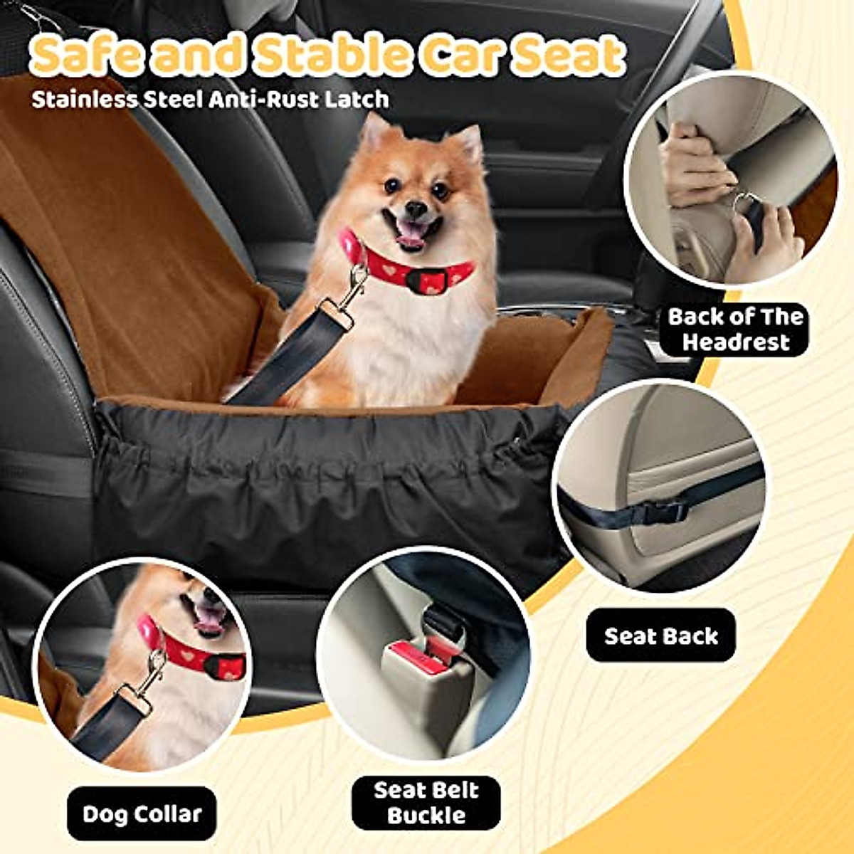 IFurffy Dog Car Seat, Pet Car Seat with Storage Pockets and Clip-On Safety Leash, Washable Coral Fleece Dog Booster Seat for Small Medium Dogs, Small Dog Car Seat for Travel Dog Car Bed (Brown)