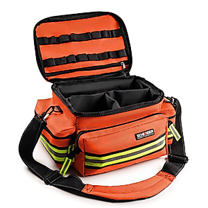Scherber First Responder Fully-Stocked Professional Essentials EMT/EMS Trauma Kit | HSA/FSA Approved | Reflective Bag w/8 Zippered Pockets & Compartments & 200+ First Aid Supplies - Orange