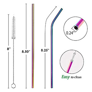 Reusable Straws Set, Stainless Steel Metal, Colorful, Includes 8 Straws, 4 Silicone Tips, 2 Cleaning Brushes, and 2 Travel Pouches, Draw String Bag and Wrap Bag for Hot & Cold Drinks