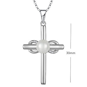 JO WISDOM Women Pearl Necklace,925 Sterling Silver Cubic Zirconia Infinity Cross Crucifix Pearl Pendant Necklace with 7mm Freshwater Cultured Pearl