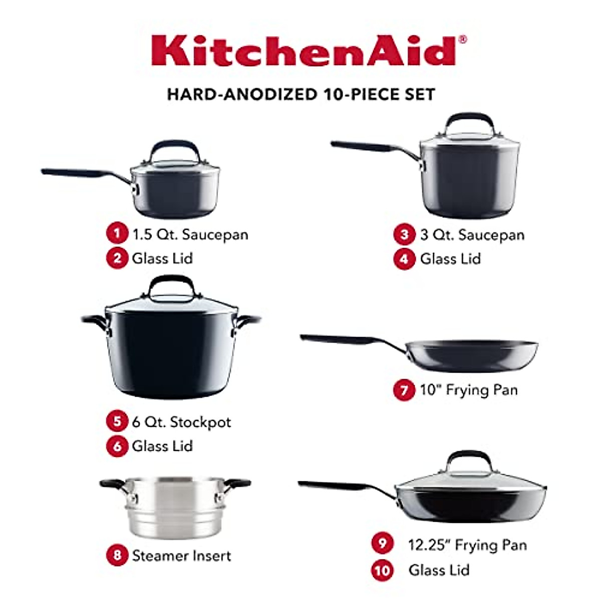KitchenAid Hard Anodized Nonstick Cookware/Pots and Pans Set, 10 Piece, Matte Black