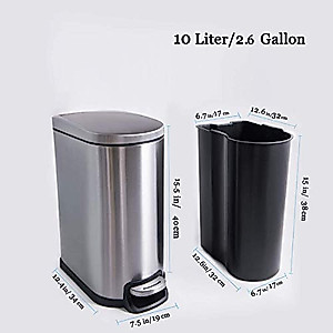 CTETC Slim Small Trash Can with Lid Soft Close and Removable Inner Wastebasket, Rectangular Narrow Stainless Steel Garbage Can for Bathroom Bedroom, Anti-Fingerprint Brushed Finish, 2.6Gal/10L, Silver