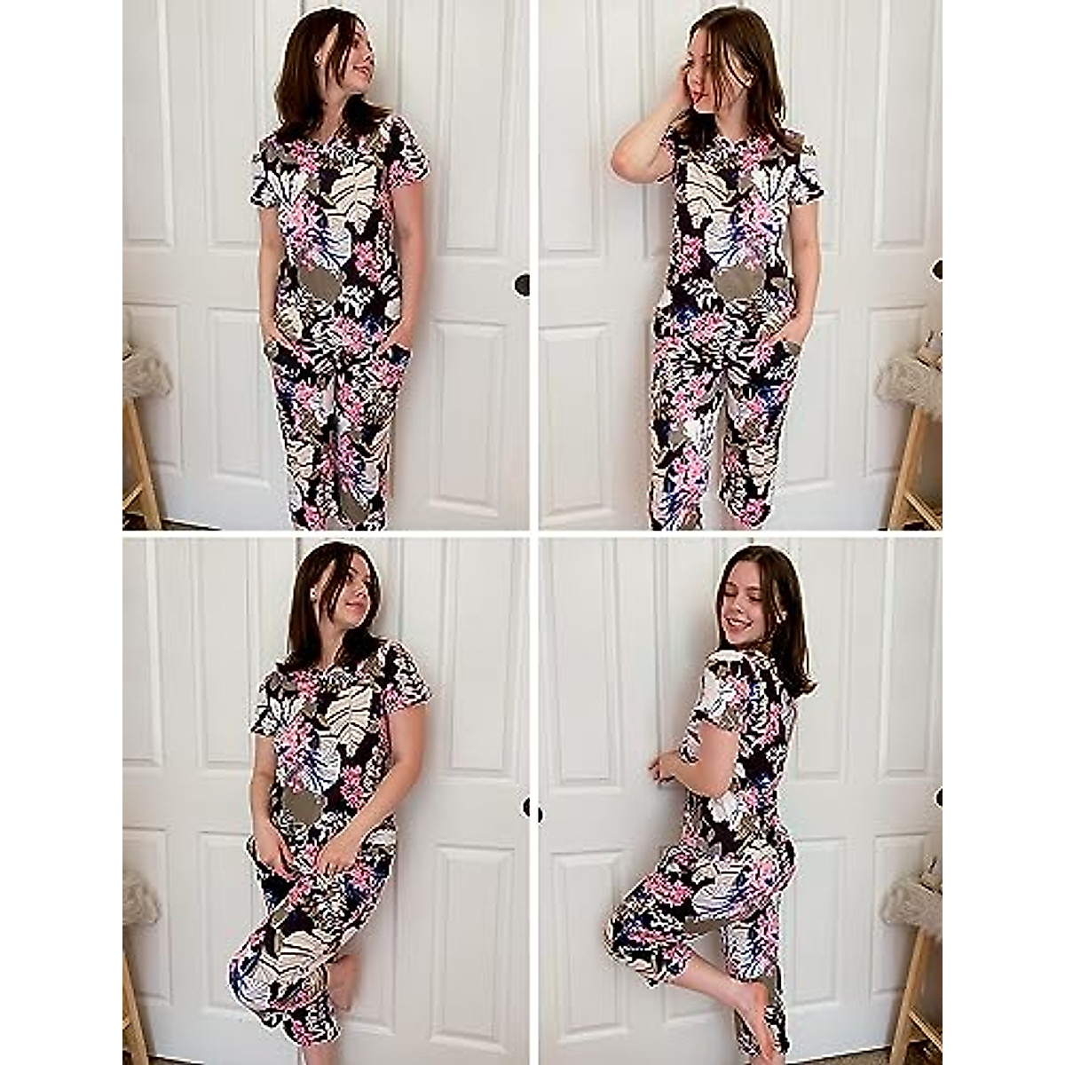 Ekouaer Comfy Lounge Sets for Women Short Sleeve V-Neck Tops with Capri Pants Floral Printed Pajama Set with Pockets