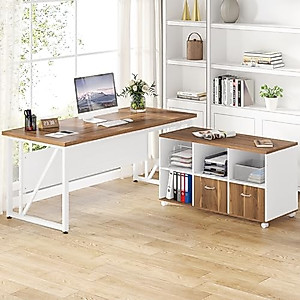 LITTLE TREE 63-Inch Office Desk, Large Computer Desk with Wheeled File Drawer Cabinet, Wood L-Shaped Executive Desk, Study Writing Desk Workstation for Home Office