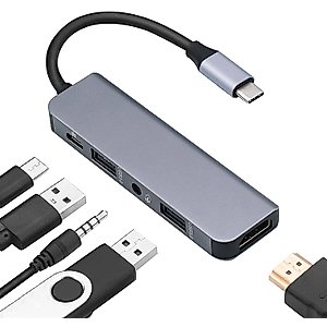 Type-c Docking Station, 5-in-1 Hub Usb3.0 3.5mm Audio Hdmi Pd Fast Charge Compatible with Windows Xp/Vista, Win 7/win8/win 10, Mac Os, Linux, Android (Silver) (Silver)