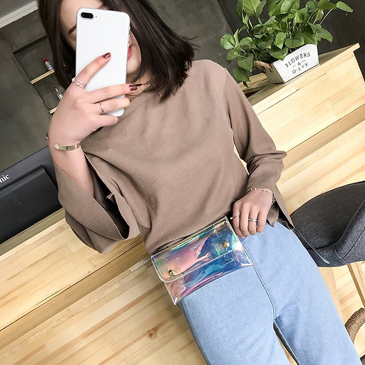 LUOEM Waist Bags Shiny PU Leather Hologram Shoulder Bag Cross-body Chest Bag for Women