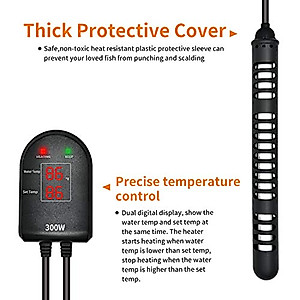 U-picks Submersible Aquarium Heater 300W/100W/500W Fish Tank Heater with Intelligent External LED Digital Temperature Controller and Dual Temp Displays for Turtle Betta Fish Tank 5-130 Gallon