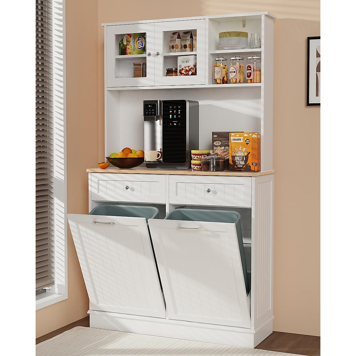 YOCONYO Double Tilt Out Trash Cabinet Storage Cabinet 20 Gallon with Two Solid Wood Hideaway Trash Holder Drawers, Dual Wooden Free Standing Recycling Cabinets Trash Can Bin Kitchen (White)