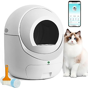Self Cleaning Cat Litter Box, Anti-Pinch/Odor-Removal Design Large Automatic Cat Litter Box, Cat Litter Box for Multiple Cats with Garbage Bags/Brush, All Litter Can Use, Easy Clean, Smart App Control
