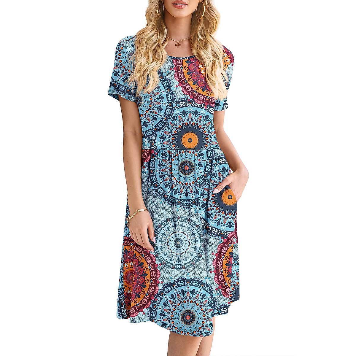DB MOON Women Summer Casual Short Sleeve Dresses Empire Waist Dress with Pockets (Flower Mix Blue, M)