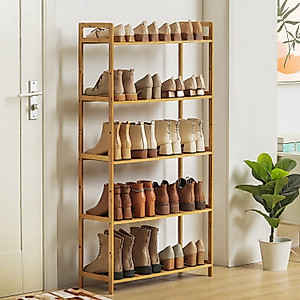 MoNiBloom 5 Tier Bamboo Shoe Rack with Handles, Bamboo Adjustable Storage Shoe Stand Organizer for 16-20 Pairs Home Entryway Hallway Office Bedroom Balcony, Natural