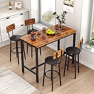 5 Piece Pub Bistro Dining Set, Bar Table Set with 4 PU Bar Stools with Backrest, Industrial Counter Height Dining Table Set for Kitchen Living Room Restaurant Small Space (Rustic Brown-Bar Table Set)