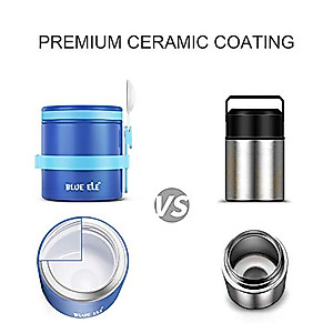BLUE ELE Leakproof, Vacuum Insulated Thermos Hot Lunch Containers with Ceramic-Coated Stainless Steel, Easy Grip Lid, and Folding Spoon, 13.5oz, Deep Blue