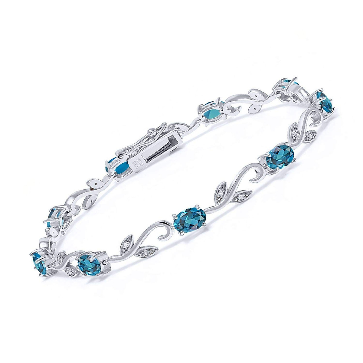 Gem Stone King 925 Sterling Silver London Blue Topaz and White Diamond Women Greek Vine Tennis Bracelet (5.53 Cttw, Oval 6X4MM, 7 Inch)