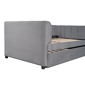 KTATK Twin Size Velvet Upholstered Daybed with Ergonomic Design Backrest and Trundle,Classic Stripe Shaped Headboard,No Box Spring Needed,for Bedroom, Living, Guest Room,Gray