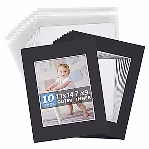 Somime 10 Pack 11x14 Black Picture Mat Kit for 8x10 Photo with White Core Bevel Cut Mattes Sets - Includes 10 Acid Free Pre Cut Mats & 10 Backings & 10 Print Sleeve Bags