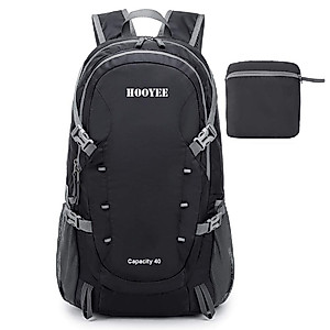 HOOYEE 40L Lightweight Foldable Water-Resistant Ripstop Nylon Hiking Backpack Daypack (Black)