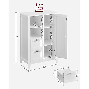 VASAGLE Bathroom Floor Storage Cabinet, Bathroom Cabinet Freestanding, Kitchen Cabinet, with Open Compartment, 2 Drawers, Adjustable Shelves, 11.8 x 21.7 x 31.5 Inches, White UBBC543P31