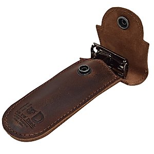 Hide & Drink, Double Edge Protector Case, Barber Razor Sheath, Safety Cover, Travel and Commuter Essentials, Portable Carry Bag, Vintage, Full Grain Leather, Handmade, Bourbon Brown