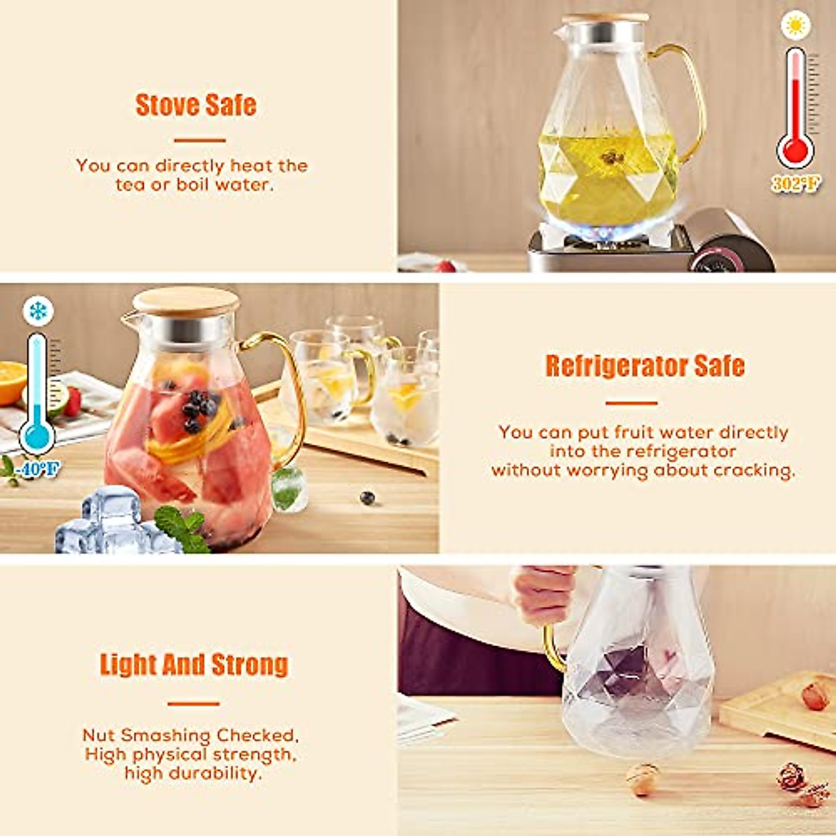 DUJUST Glass Pitcher with Lid [68 oz], Elegant Diamond Design Water Pitcher with Handle, Decoration for Room, High Durability Water Glass Carafe for Ice Tea Maker, Beverage, Hot/Cold Coffee