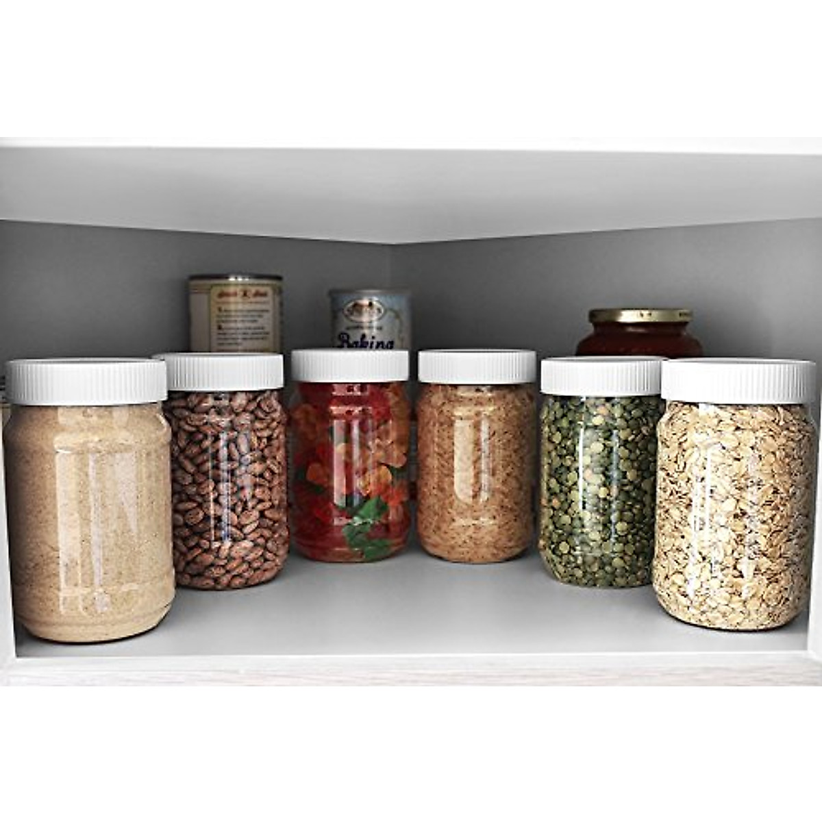 Pinnacle Mercantile Plastic Mason Jars - Screw on Ribbed Lid - 16 ounce-Set 6-Airtight Liner-Meal Prep Containers-Freezer Safe BPA Free