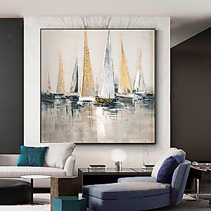 Oil Painting Hand Painted Gold Foil Sailboat On Canvas Painting Modern Decorative Paintings for Living Room,31inx31in,No Frame