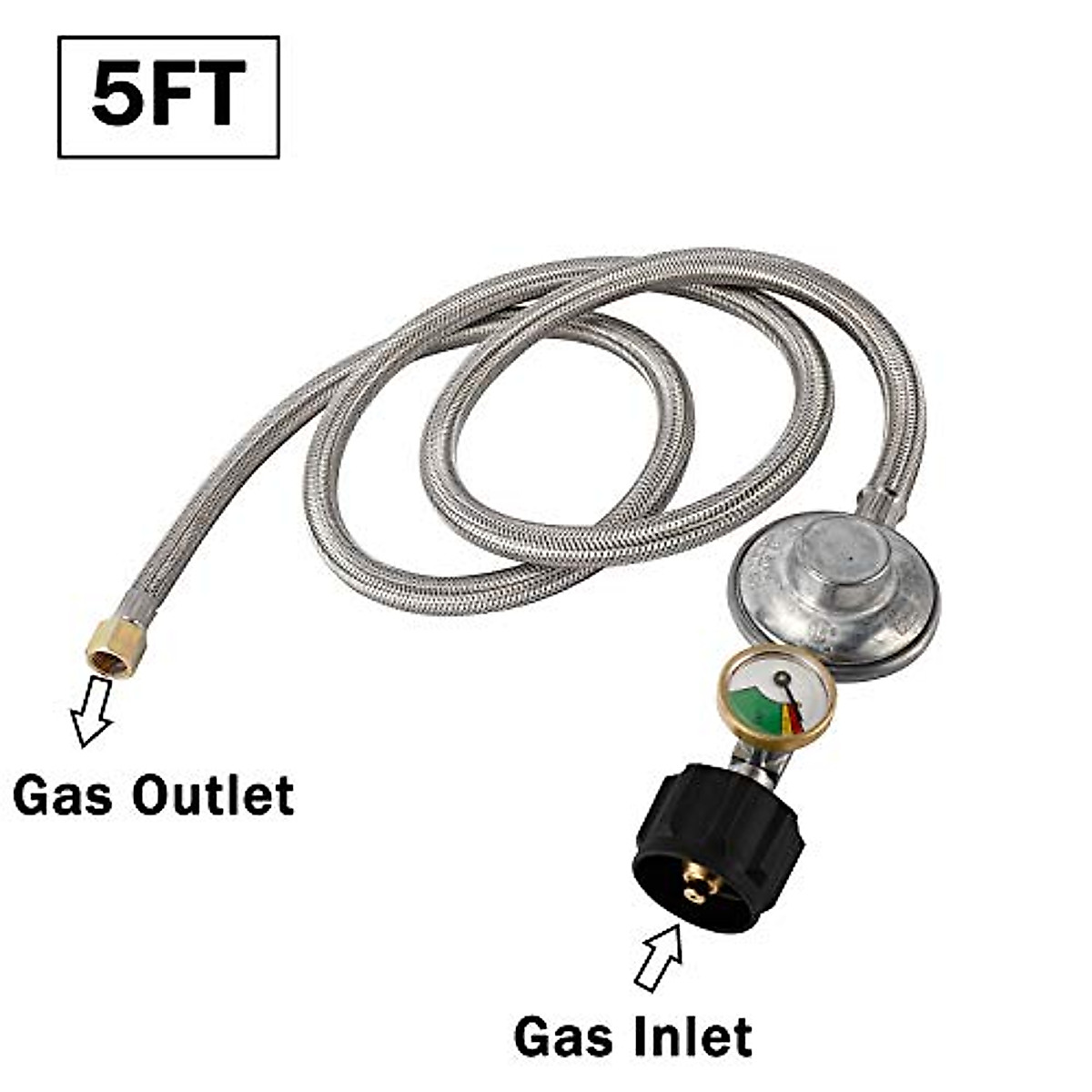 Artilife 5 FT (1.5M) Propane Regulator Hose Replacement with Propane Tank Gauge, Stainless Steel Braided Hose for Burner Stove, Gas Water Heater, Burner and More