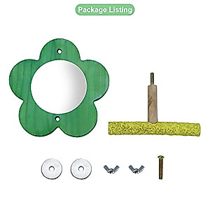 Bird Parrot Mirror with Perch Natural Wood Swing Colorful Sand Grind Paw Trim Beak for Small Parrot Parakeet Cockatiel Lovebird Conure Finch Budgie (Flower-Shaped)