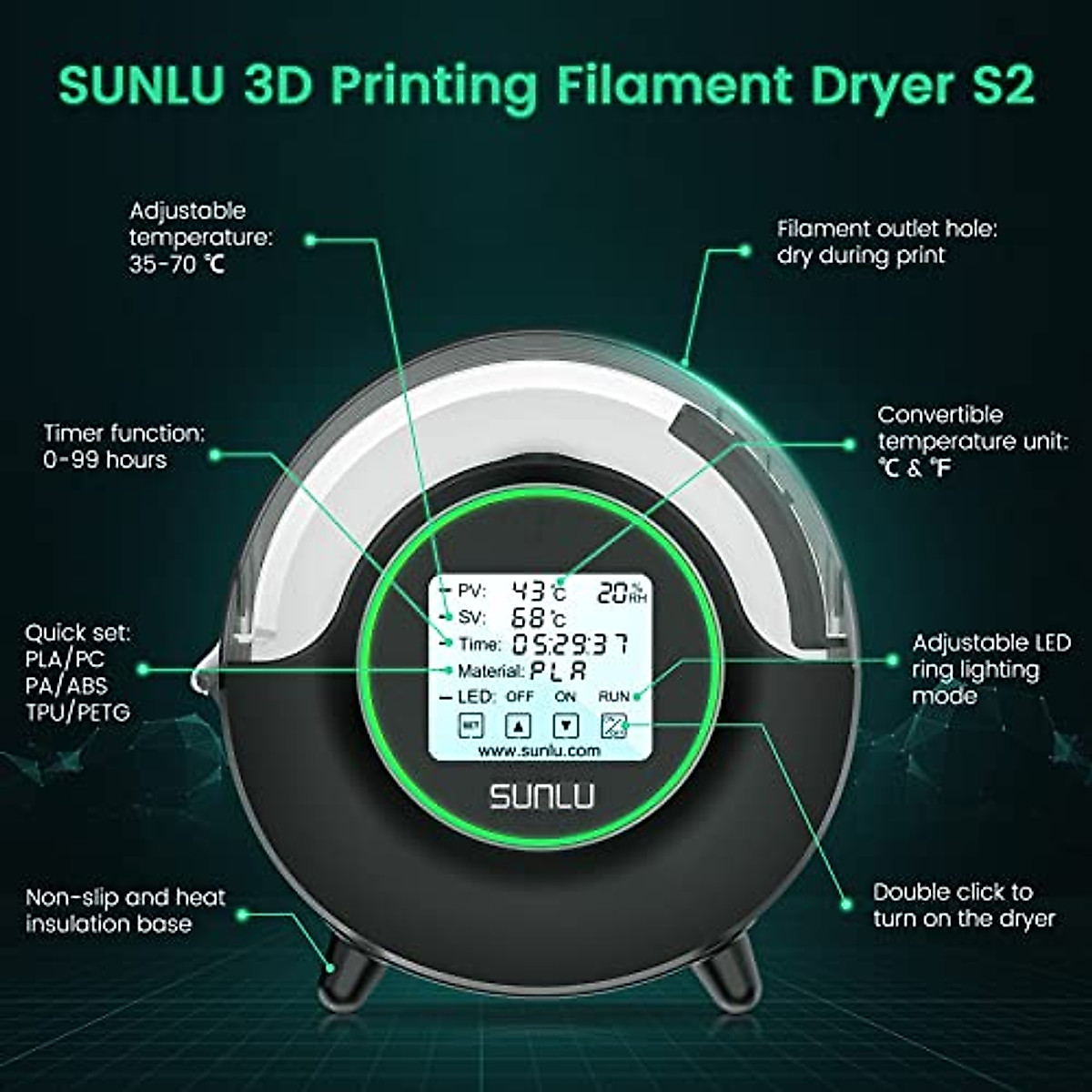 SUNLU Filament Dryer with Fan, Upgraded Fast Heating 3D Printer Filament Dryer Box, Keep Filament Dry During 3D Printing, PLA PETG ABS TPU Nylon ASA Filament Dehydrator Storage Box, FilaDryer S2 Black